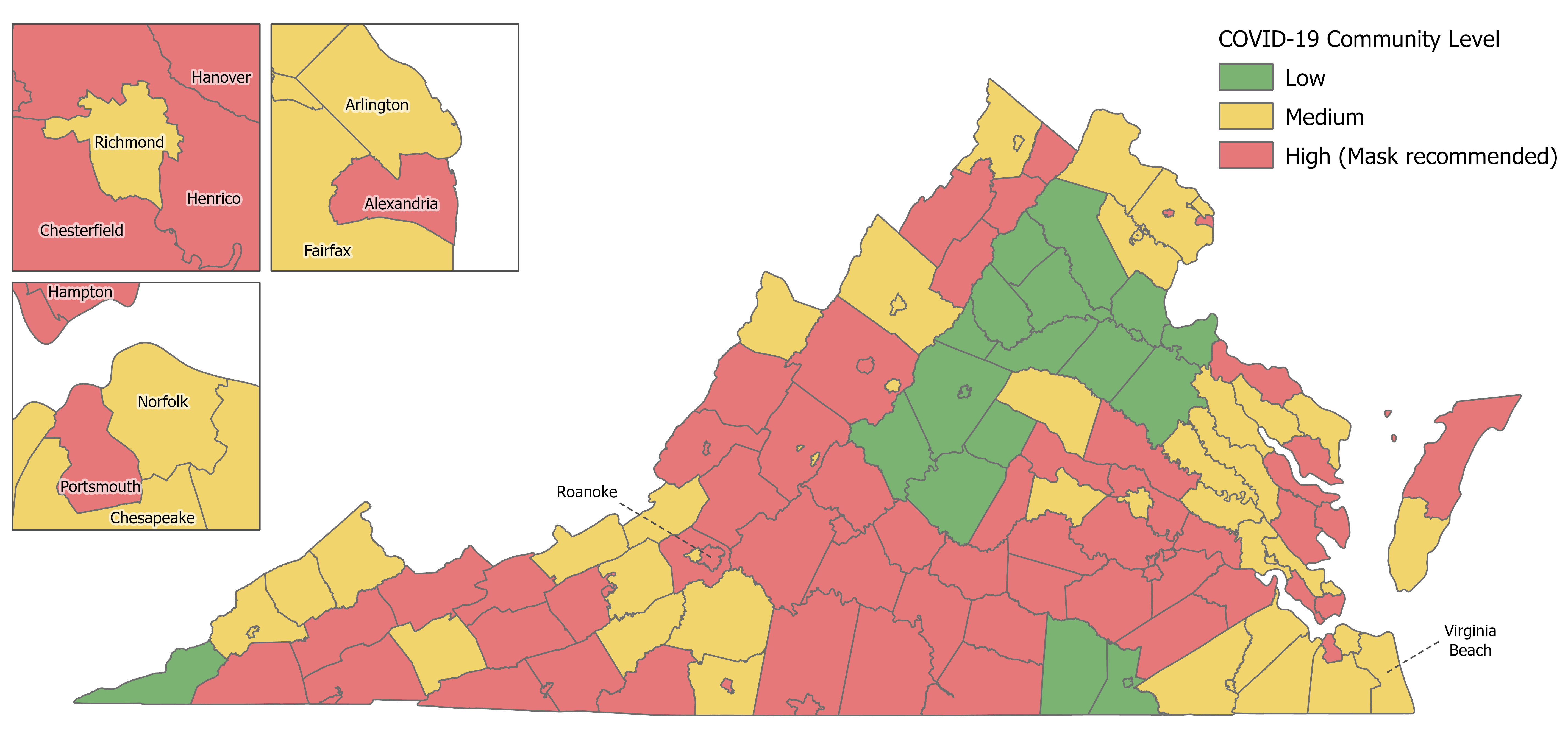 LIST OF CDC VIRGINIA COVID COMMUNITY LEVEL MAP CHANGES FOR JAN 13, 2023 ...