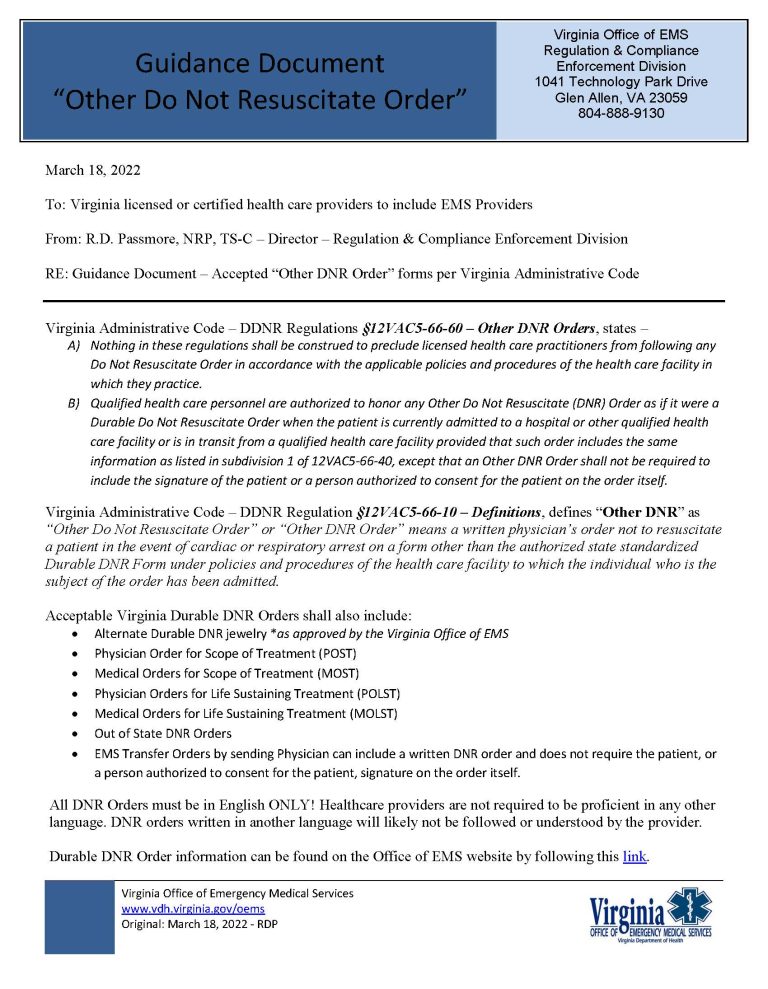 Guidance Document - "Other Do Not Resuscitate Order" - Emergency ...
